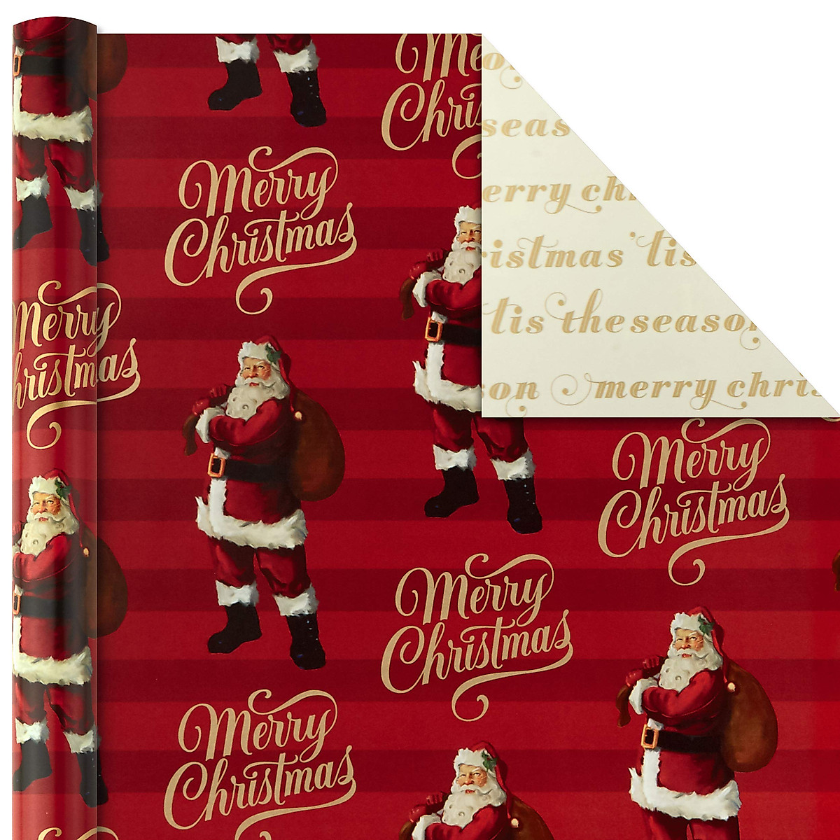 Hallmark Christmas Reversible Wrapping Paper, Classic (Pack of 3, 120 sq. ft. ttl) Red and Gold Snowflakes, Stripes, Plaid, Santa's Sleigh