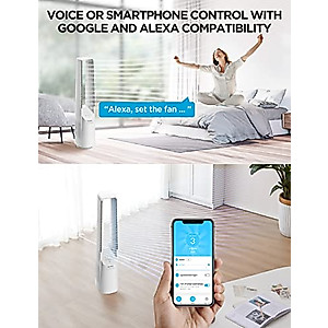 PELONIS Bladeless Tower Fan with 26-33ft Powerful Airflow, Alexa and Google Compatible, 6-Speed Settings, Quiet DC Motor, 120° Oscillation, 7-Hour Timer - Ideal for for Bedroom Home Office Use,White