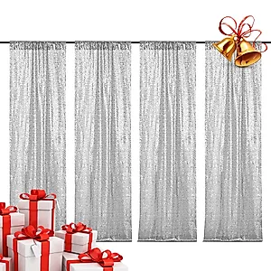BEDDEB 4PCS Silver Sequin Backdrop Curtain, 2FTx8FT Glitter Backdrop Curtain for Christmas, Birthday, Wedding, Party Decoration Wedding Party Stage Decorations Fabric Sparkle Photography Background