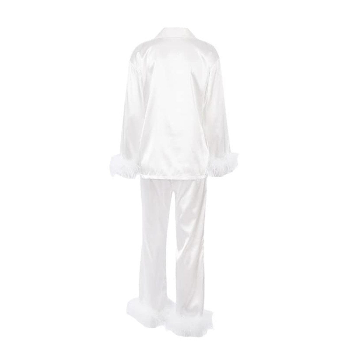 ZZEVOLSS Womens Silk Satin Pajamas Feather Trim Nightwear Long Feather Sleeve Button Down Pjs Set Fur Trim Pants Set(Lapel Collar-white,Small)