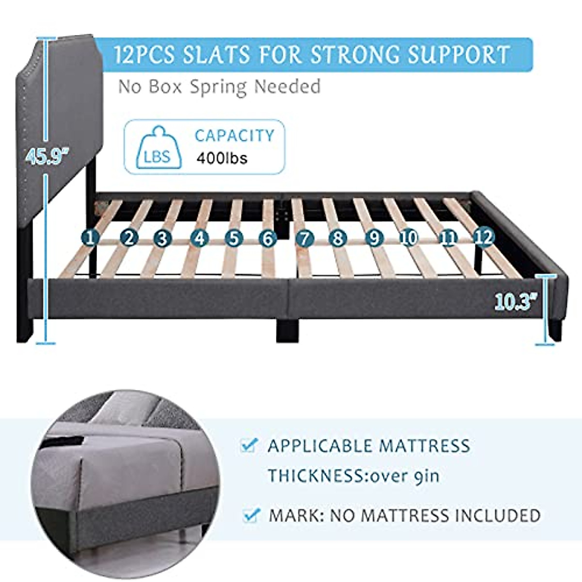 MOOLO Upholstered Platform Bed Frame with Nailhead Trim Headboard and Wood Slats Full Size Dark Grey