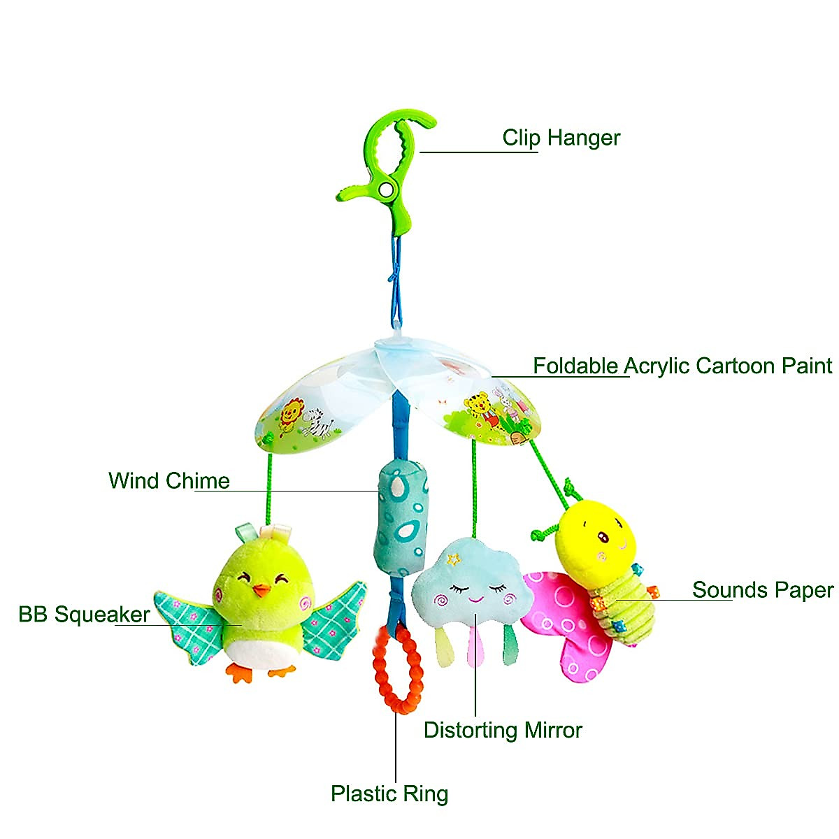 Cute Car Seat Hanging Toys for Baby, C Clip Hanging Ocean Animal Soft Toys with Rattles BB Squeaker Distorting Wind Chime for Boys Girls 0 3 6 12 Months