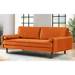 US Pride Furniture Velvet Tufted Sofa, Iconic Mid-Century Style Living Room Furniture with Contemporary Silhouette, Button Tufting and Wood Legs, Includes 2 Bolster Pillows, Couch, Orange