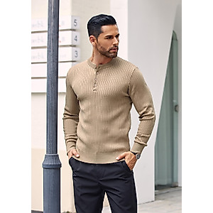 COOFANDY Men's Long Sleeve Knit Henley Shirts Casual Henley T-Shirts Lightweight Ribbed Sweater Khaki