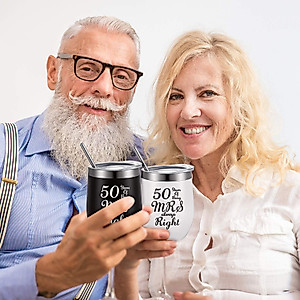 2 Pack 50th Anniversary Couple Cups Present, 50 Years of Being MR/MRS Always Right, Funny Wedding Anniversary Present for Grandparents, 12 oz Wine Tumbler for Celebrating Golden 50th Anniversary