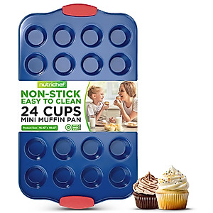 NutriChef 17” Nonstick Mini Muffin Pan - Premium Carbon Steel 24 Cup Baking Tray w/ Red Silicone Handles, Easy to Clean Mini Cupcake Bakewear - Dishwasher Safe, Blue