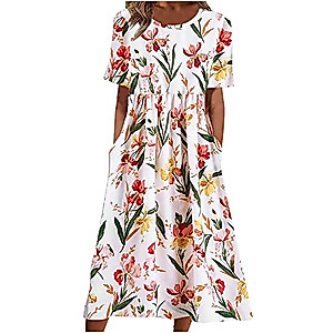 SMIDOW Dresses for Women 2023 Casual Maxi Long Beach Tshirt Sundress Short Sleeve Summer Boho Floral Flowy Dress with Pockets