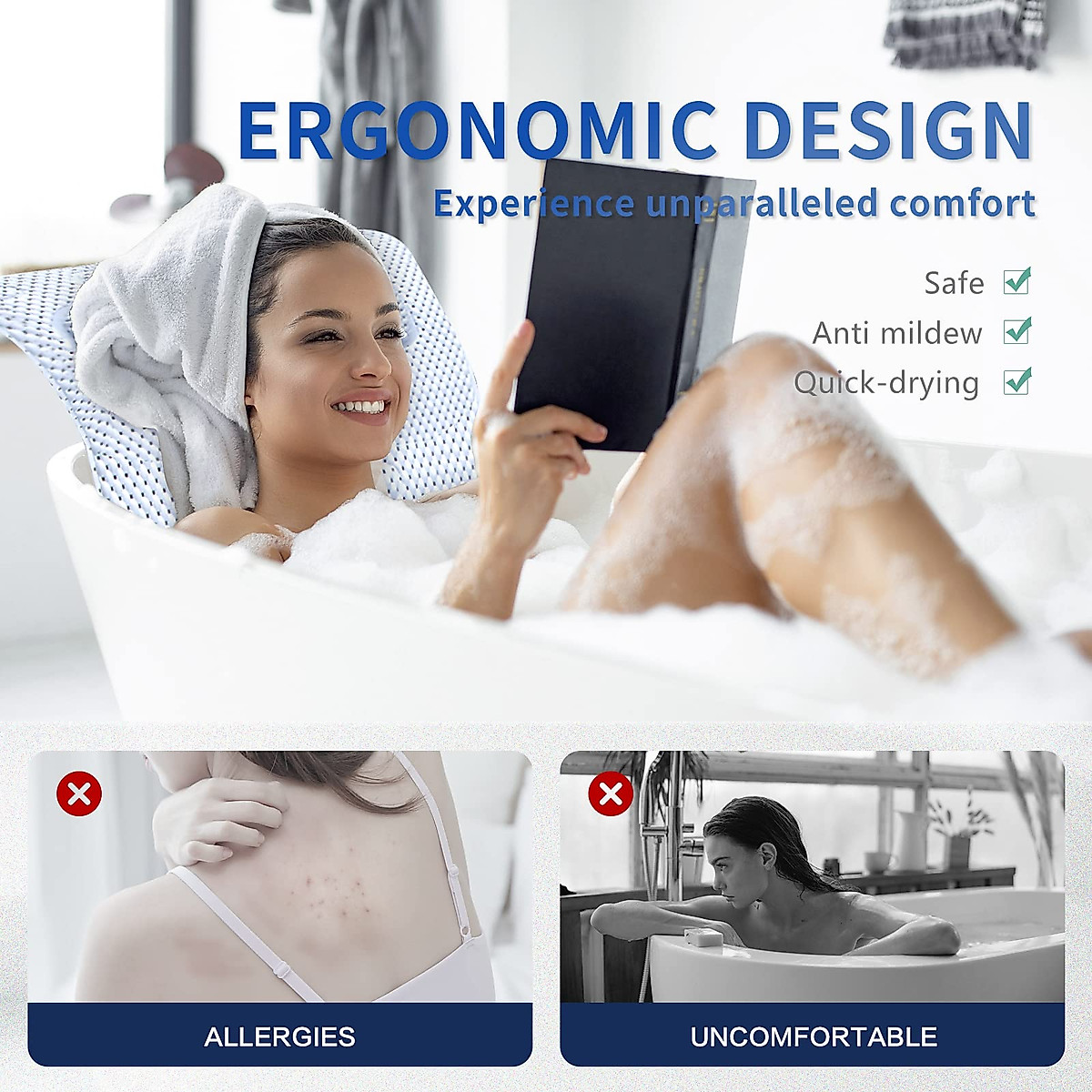 Bath Pillow Full Body, SurSoul Quick-Drying Spa Pillow for Tub, Bathtub Pillow with Soft PVC, Bath Bed with Suction Cups