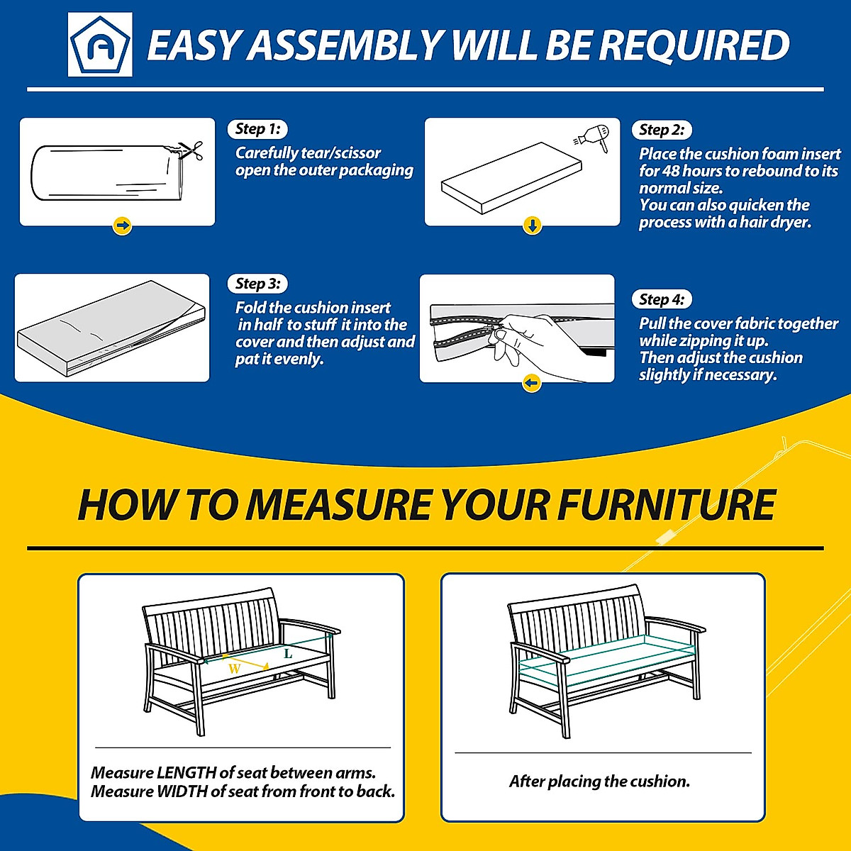 AAAAAcessories Outdoor/Indoor Bench Cushion for Patio Furniture Bench/Swing/Settee, 48 x 18 x 3 Inch, Beige