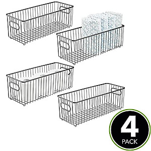 mDesign Deep Metal Bathroom Storage Organizer Basket Bin - Farmhouse Wire Grid Design - for Cabinets, Shelves, Closets, Vanity Countertops, Bedrooms, Under Sinks - 4 Pack - Graphite Gray
