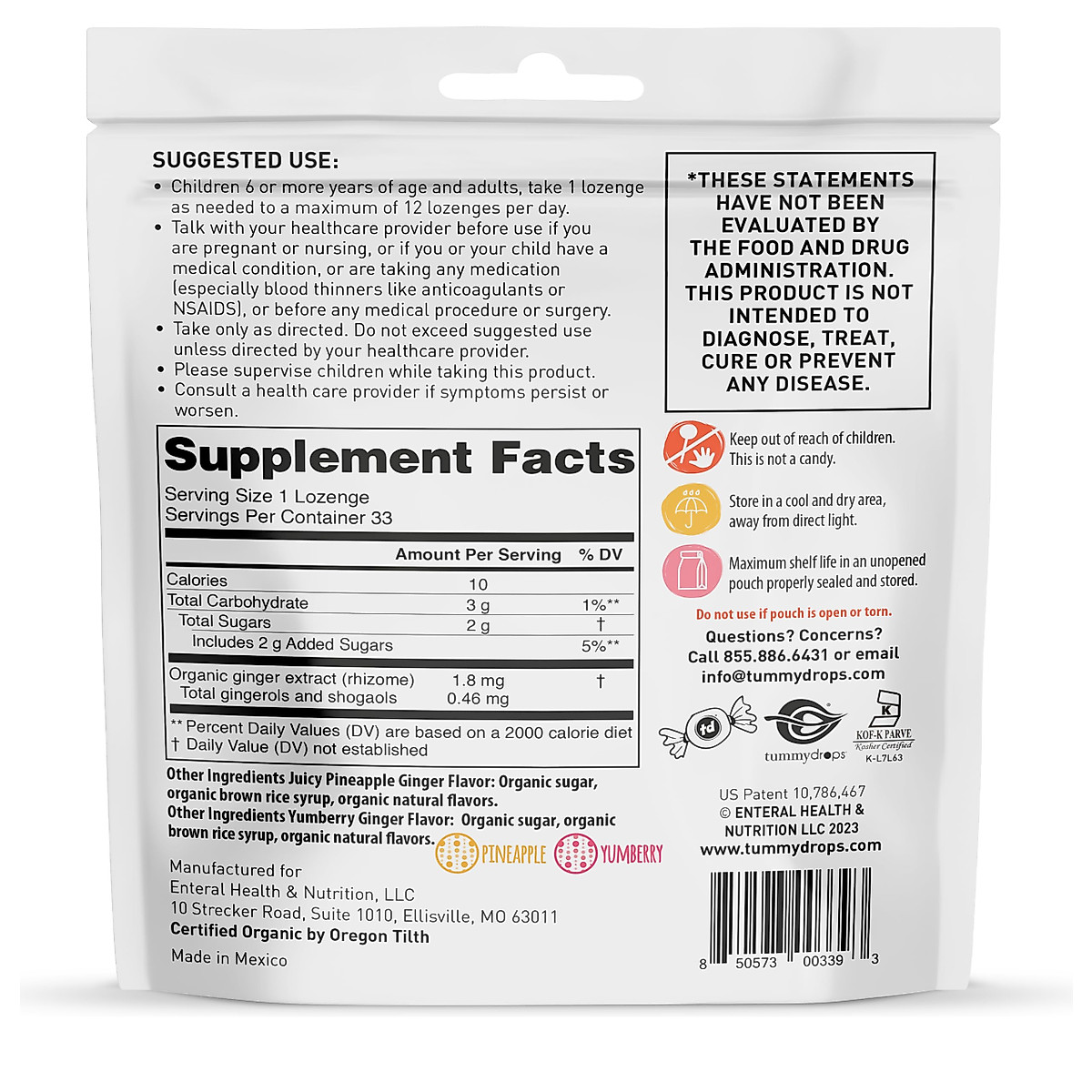 USDA Organic Tropical Ginger Variety Pack Tummydrops (mix of pineapple & yumberry, 33 individually wrapped drops)