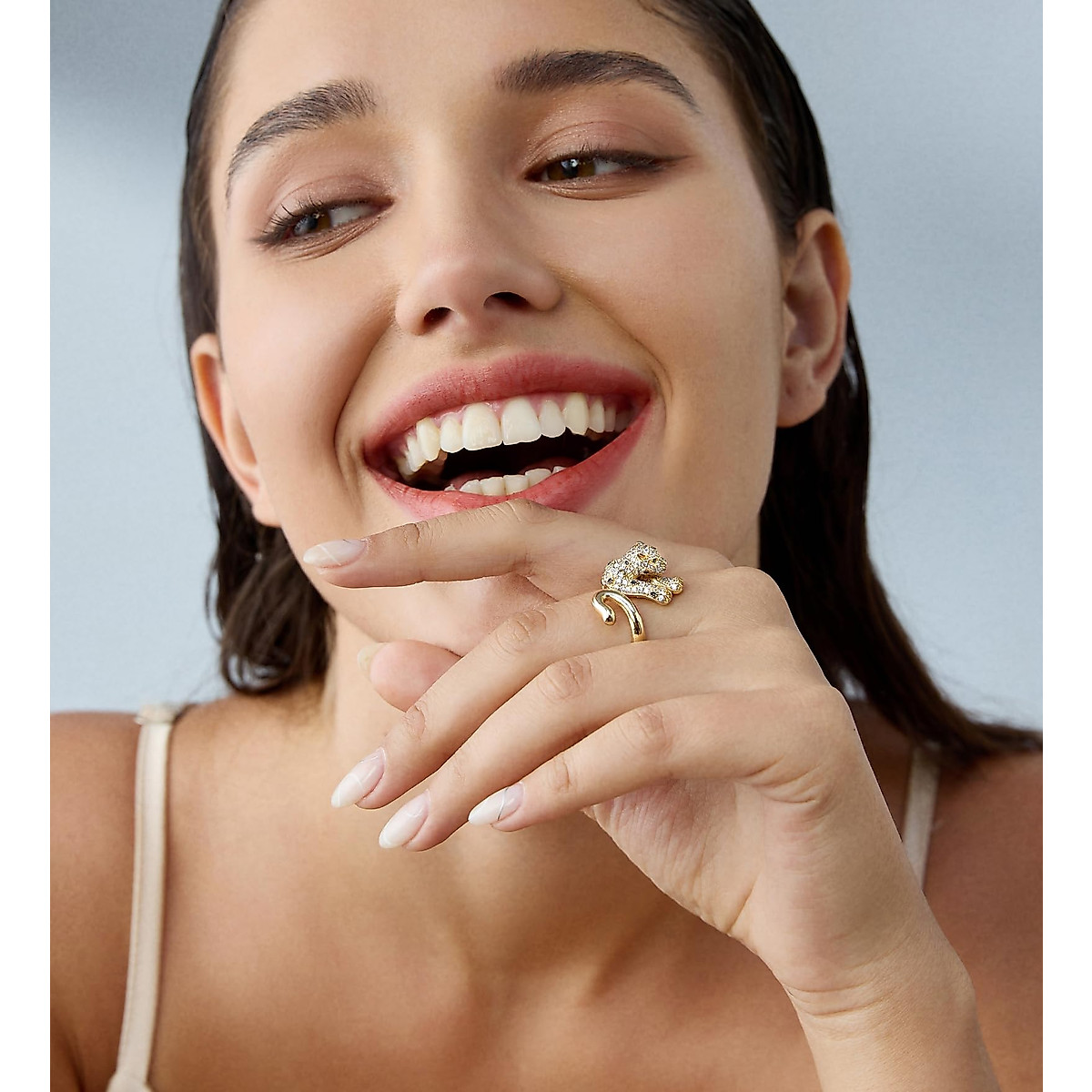 AIKAITUO 14K Animal Leopard Head Diamond Fashion Cute Adjustable Women Ring size 6 to 9