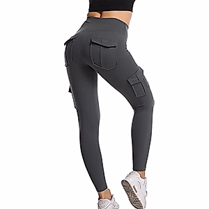 COMFY ONE Cargo Leggings with Pockets for Women High Waisted Elastic Yoga Workout Lounge Pants Dark GrayXL