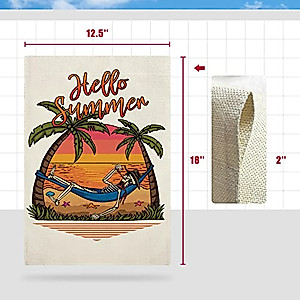 CMEGKE Hello Summer Garden Flag Cool Skull Skeleton Summer Yard Flag Pool Signs Summer Garden Flag Beach Party Vertical Double Sided Burlap Party Holiday Yard Home Farmhouse Outside Decor 12.5 x 18 In