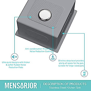 Bar Sink, MENSARJOR 14 x 14 Inch Undermount 16 Gauge Single Bowl Handmade Stainless Steel Kitchen/Bar Sink