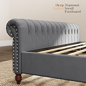 PaPaJet Bed Frame Queen Size with Headboard and Footboard, Velvet Upholstered Sleigh Bed, Deep Button Tufted, No Box Spring Needed, Grey