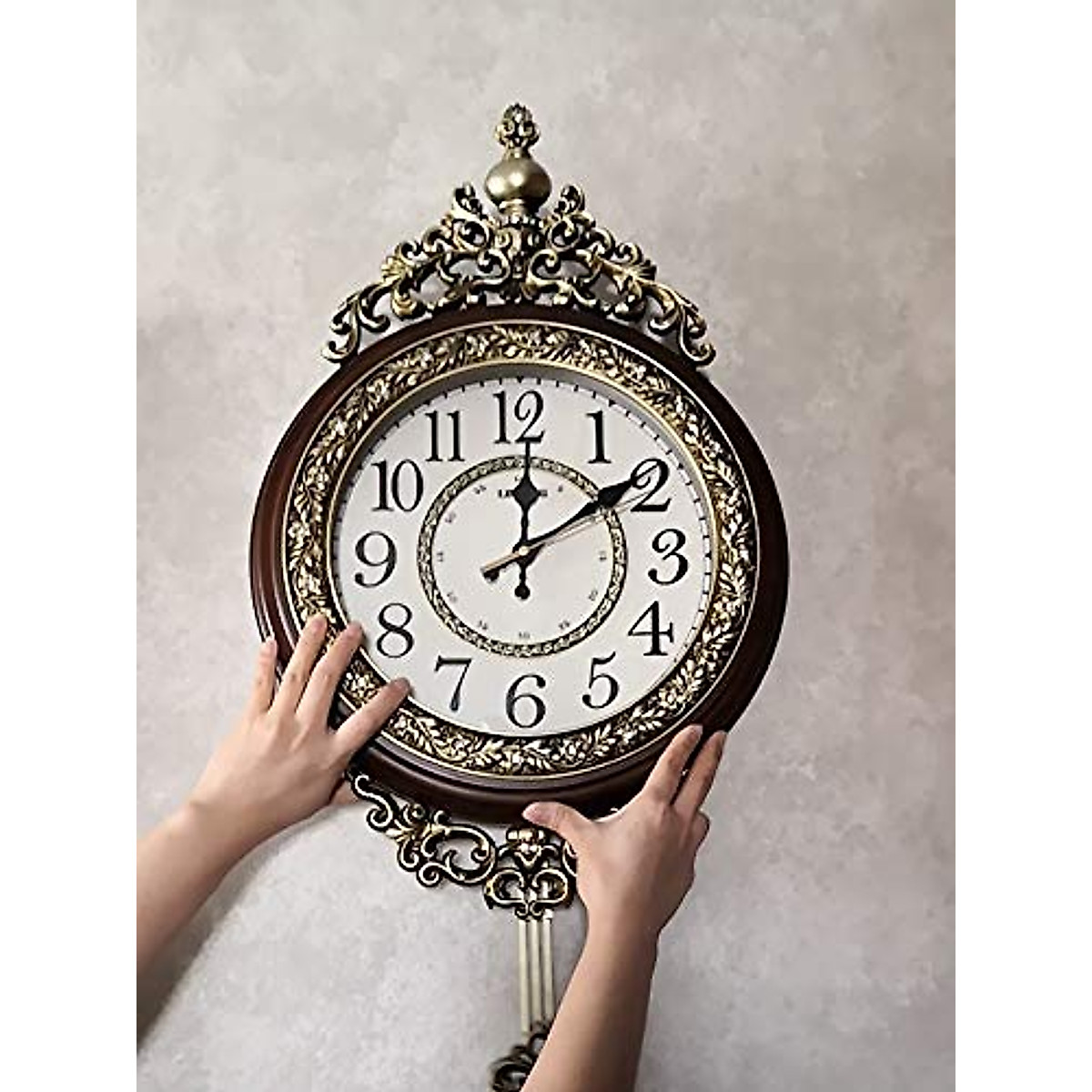 SHISEDECO Elegant, Traditional, Decorative, Hand Painted Modern Grandfather Wall Clock Fancy Ethnic Luxury Handmade Decoration, Swinging Pendulum for New Room or Office. Large. 29.5 Inch. (Brown)