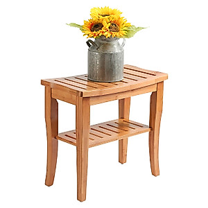 Bamboo Shower Bench - Small Shower Stool with Storage Shelf, Non-Slip Shower Seat, Bathroom Bench, Spa Decor Wooden Shower Bench, Foot Rest Shaving Stool for Shower, Suitable for Indoor/Outdoor Use