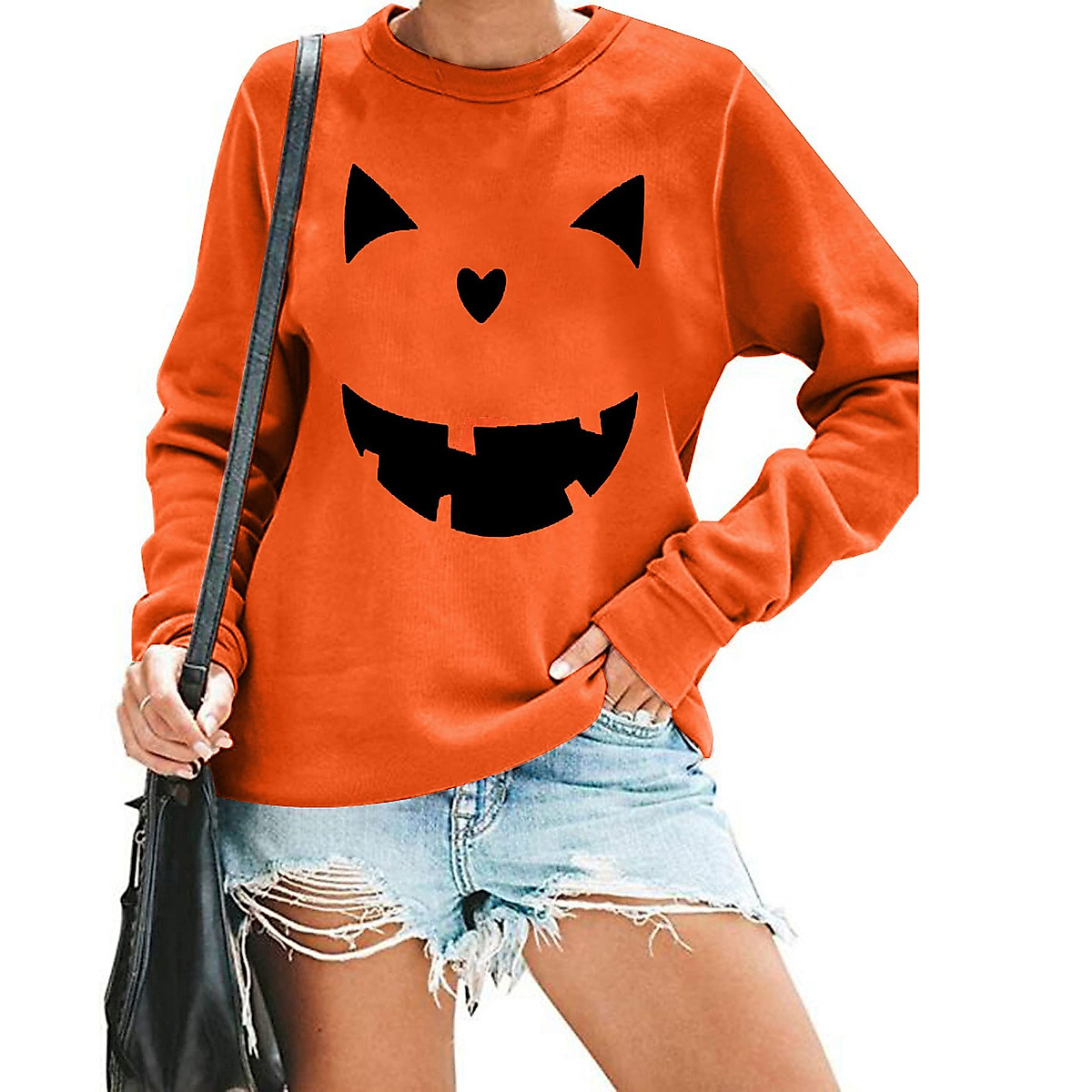 Women's Halloween Pumpkin Face Long Sleeve Sweatshirts Lightweight Casual Pullover Tops (XXL, Orange)