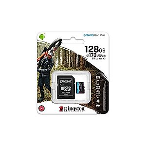 Kingston 128GB microSDXC Canvas Go Plus 170MB/s Read UHS-I, C10, U3, V30, A2/A1 Memory Card + Adapter (SDCG3/128GB)