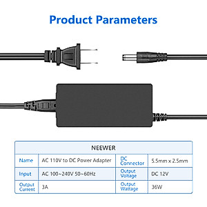 Neewer AC 100-240V to DC 12V 3A 36W Power Supply Adapter with 6.5 feet/2 Meters Power Cable Compatible with 480 LED Video Light and Max. 12V 3A 36W Ring Light, UL Listed (US Plug)