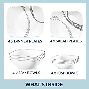 Corelle Urban Arc 16pc, Service for 4, Dinnerware Set, 8 Plates Bowls, Chip & Break Resistant, Dinner and Corelleware White