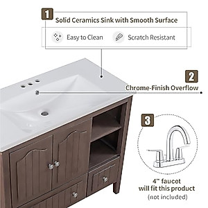 PIETFIU 36" Bathroom Vanity with Ceramic Basin Sink Set, Freestanding Bathroom Storage Cabinet with 2 Doors and 2 Drawers, Solid Frame, Metal Handles (Brown, 36 Inch)