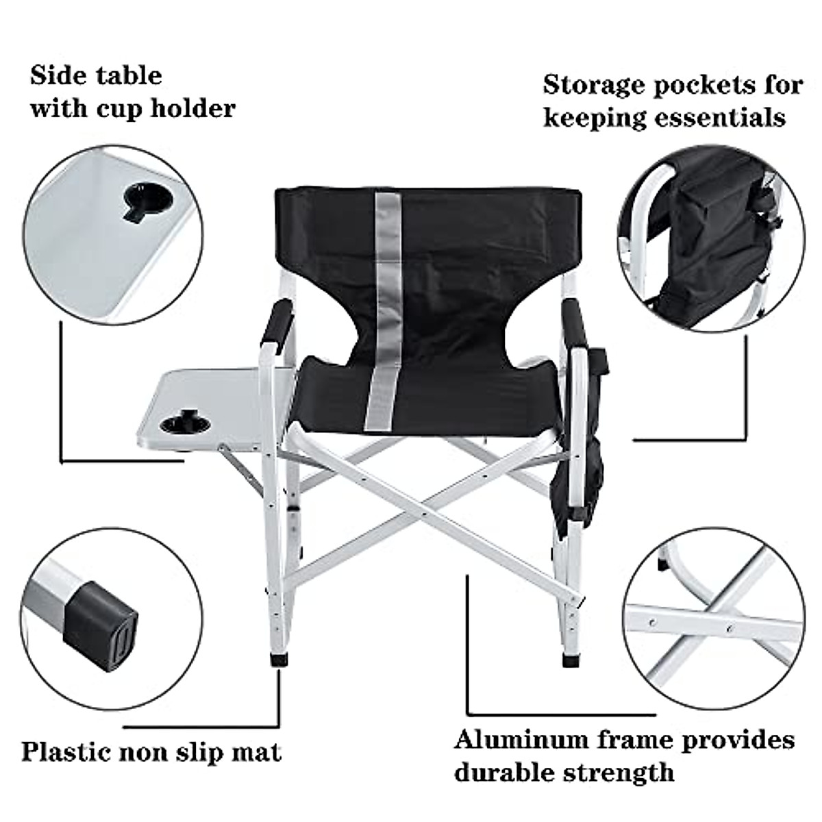GSSDEE Oversized Camping Directors Chair, Portable Aluminum Camping Chairs, Padded Folding Directors Chair with Side Table Storage Pockets, Outdoor Camping, Picnics and Fishing (Black 2 Pack)