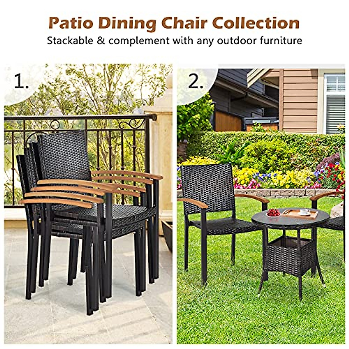 RELAX4LIFE Patio Rattan Dining Chairs Set Wicker Chairs with Steel Frame, Acacia-Covered Armrests Fire Pit Chairs for Porch, Poolside, Balcony, Lawn Indoor&Outdoor Furniture Armrest Chairs Set (4)
