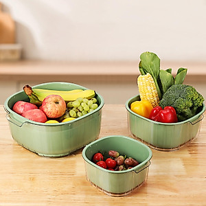 8.2 Quart Large Strainers and Colanders,3 Sets Plastic 2 in 1 Double Layered Strainers for Kitchen,BPA Free Fruits and Vegetable Washing Basket,for Pasta Salad Berry Cleaning Mixing (Green)