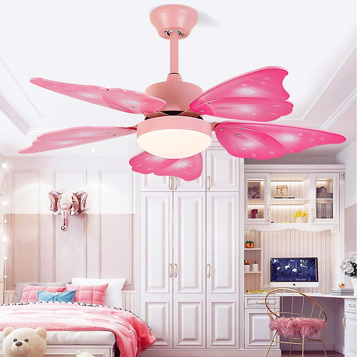 KWOKING Lighting Creative Butterfly Wing Ceiling Light and Fan with Remote Control 5 Blades LED Bedroom Hanging Fan Light Adjustable Speed for Kids Bedrooms - Pink