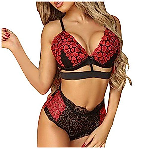 wodceeke Sexy Breast wrap Lace Split Plus Size Lingerie For Women Perspective Embroidered Print mesh Bodysuit Pajamas (Red, S)