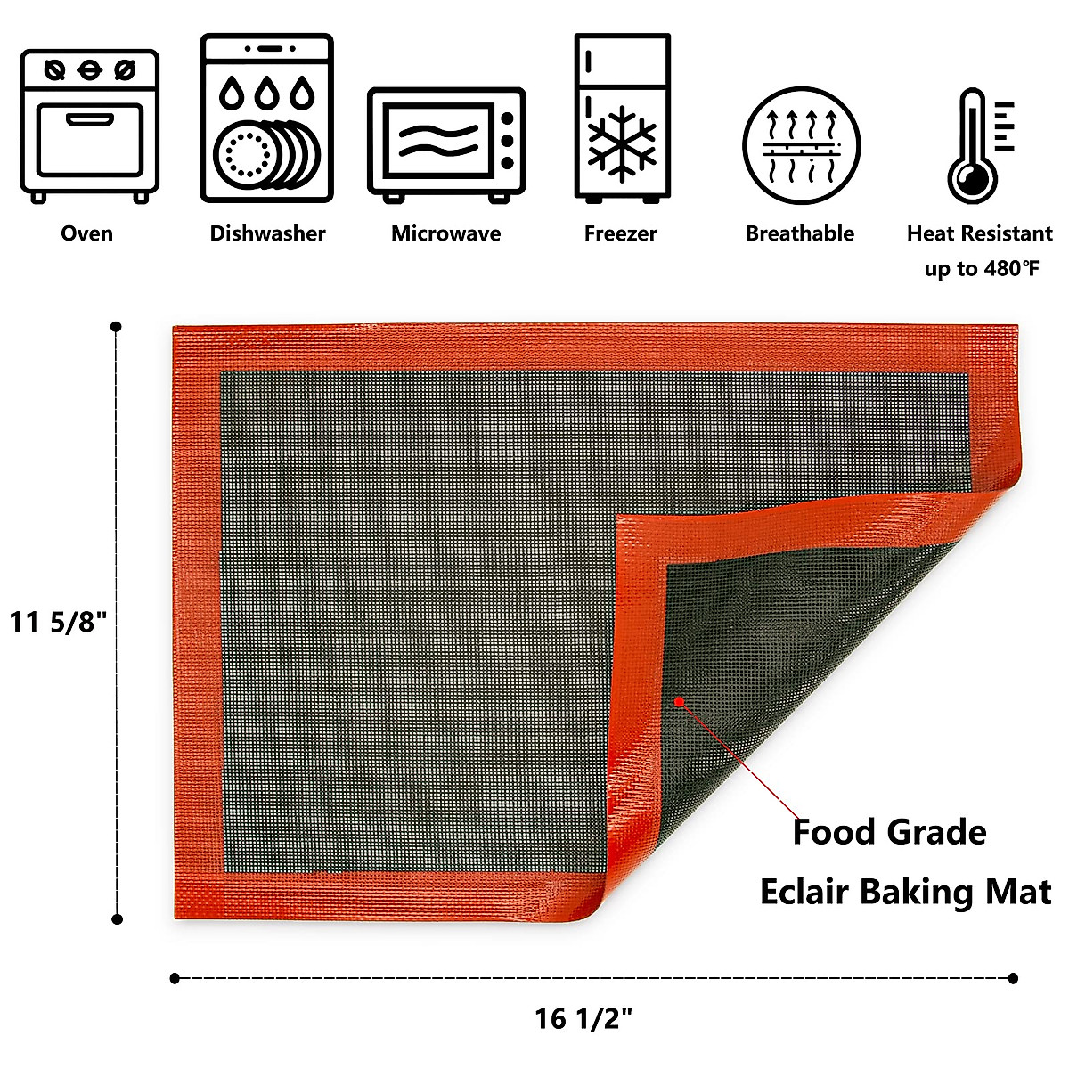 Perforated Baking Mats, 2 PCS Eclair Silicone Mat for Half Sheet, Non-Stick Reusable Oven Liners for Making Bread/Pizza/Pastry/Cookie 11 5/8" x 16 1/2"