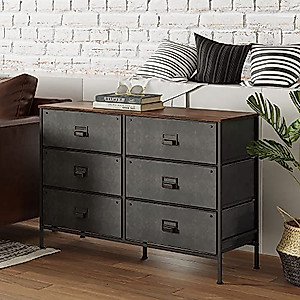 WLIVE Wide Dresser with 6 Drawers, Industrial TV Stand for 50" TV, Entertainment Center with Metal Frame, Wooden Top, Fabric Storage Dresser for Bedroom, Hallway, Entryway, Black
