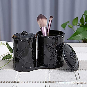 Plastic Cotton Swab Ball Pad Bathroom Storage Organizer Holder Clear Vanity Canister Jar with Lid Containers for Cotton Balls, Makeup Sponges, Bath Salts, Cotton Rounds(Black)