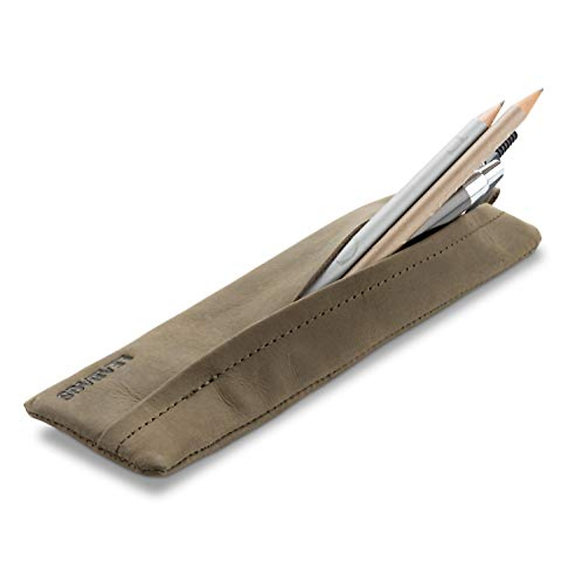 LEABAGS Leather Pencil Case - Genuine Leather Pencil Pouch Fort Vaux - Pen Case for Adults Men Women Work University Olive Green