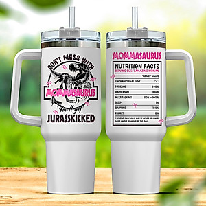 9GIFT4YOU Mommasaurus Gifts, Mom, Tumbler 40 Oz With Handle Lid And Straw, Mom Nutrition Facts Keep Drinks Cold Hot Dinosaur Leak Resistant Water Bottle, Mommasaurus Nutrition Facts