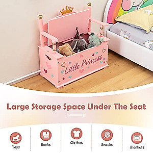 HONEY JOY Pink Wooden Toy Box, 2 in 1 Crown Large Toy Storage Chest with Safety Hinged Lid, Kids Toy Storage Bench for Playroom Bedroom, Children's Furniture, Gift for Princess Girls Age 3+, Pink