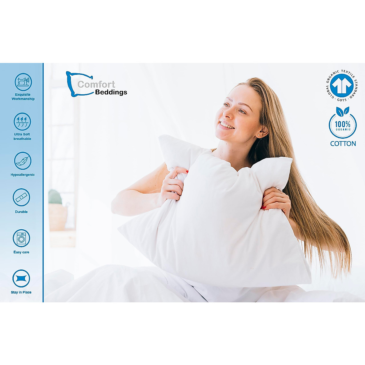 Comfort Beddings Queen Pillow Cases Set of 4 White 100% Organic Cotton 600 Thread Count Premium White Cotton Pillowcases, Queen Pillowcase Pillow Covers, 20 x 30 inch