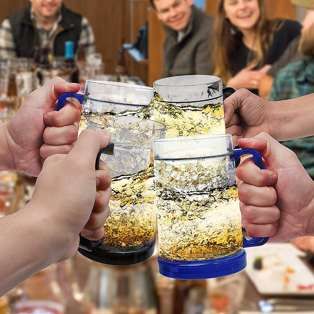 Patiomos Drinking Glasses Cups, Double Wall Gel Freezer Beer Mugs, Freezer Ice Mugs Cups, 16oz, Plastic Cooling Beer Mug Clear Set of 4 (2Blue and 2Black)