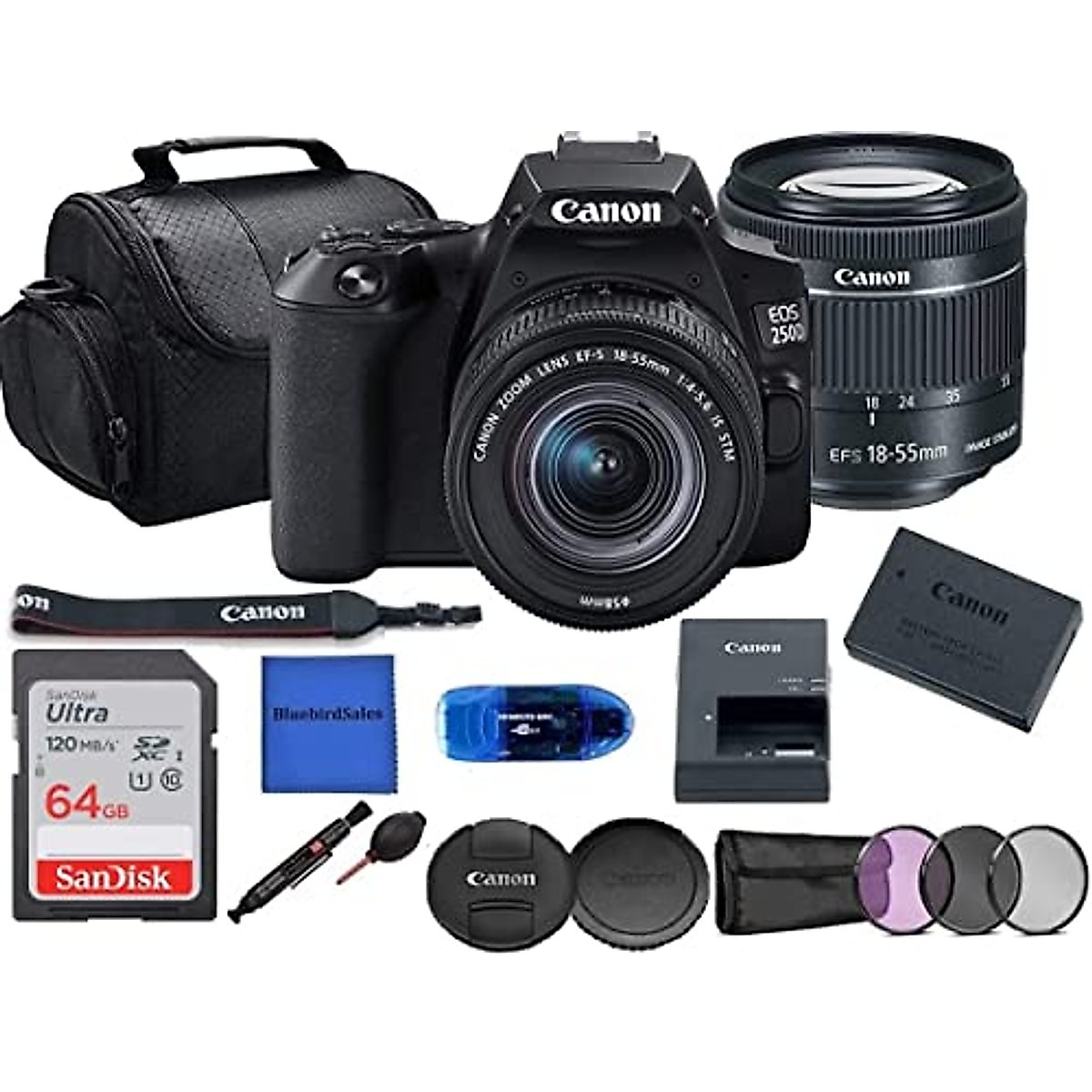 Camera EOS 250D (Rebel SL3) DSLR Camera w/EF-S 18-55mm F/3.5-5.6 Zoom Lens + Case + Sandisk 64GB Memory Card + 3pc Filter Kit + Card Reader + Cleaning Kit (International Model)