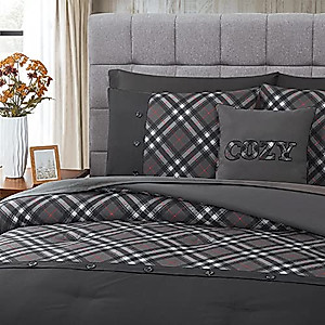 WRENSONGE Plaid King Comforter Set, 8 Pieces Grey Printed and Spliced Plaid Herringbone Bedding Set, Microfiber Soft Farmhouse Comforter Set with Decor Pillow, Lightweight Breathable for All Seasons