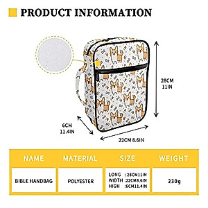 Tongluoye Corgi Dog Pattern Bible Covers for Women Teen Girls Cute White Bible Case for Church School Party Bones Bible Carrier with Hand Strap and Zip Pockets Durable Handbags for Study Items
