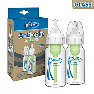 Dr. Brown’s Natural Flow® Anti-Colic Options+™ Narrow Glass Baby Bottles 4 oz/120 mL, with Level 1 Slow Flow Nipple, 2 Pack, 0m+
