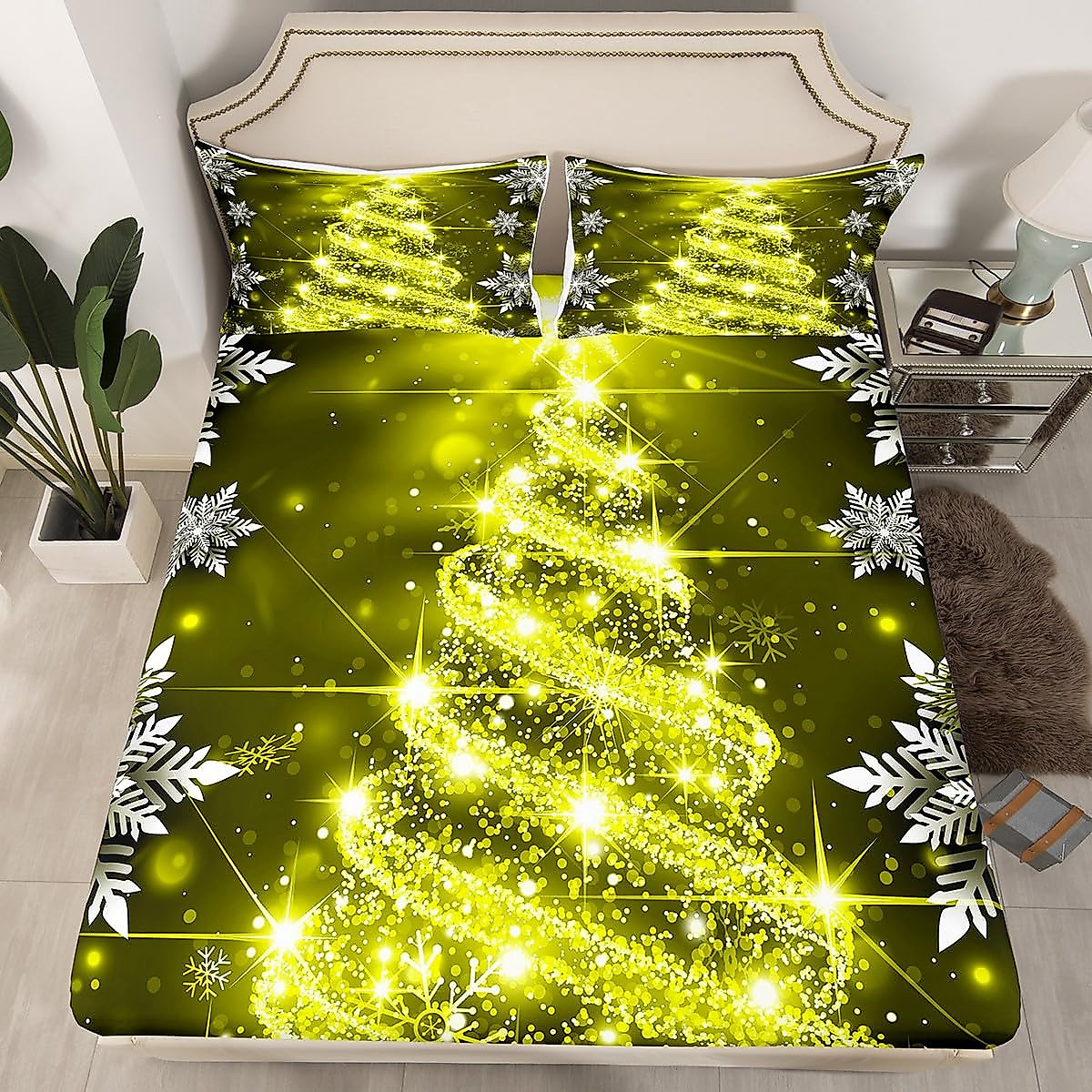 Christmas Tree Bed Sheets Full Size Christmas Themed Fitted Sheet 3 Piece Happy New Year Xmas Bed Set White Snowflake Winter Themed Bedding Set Santa Claus Gifts Bedding