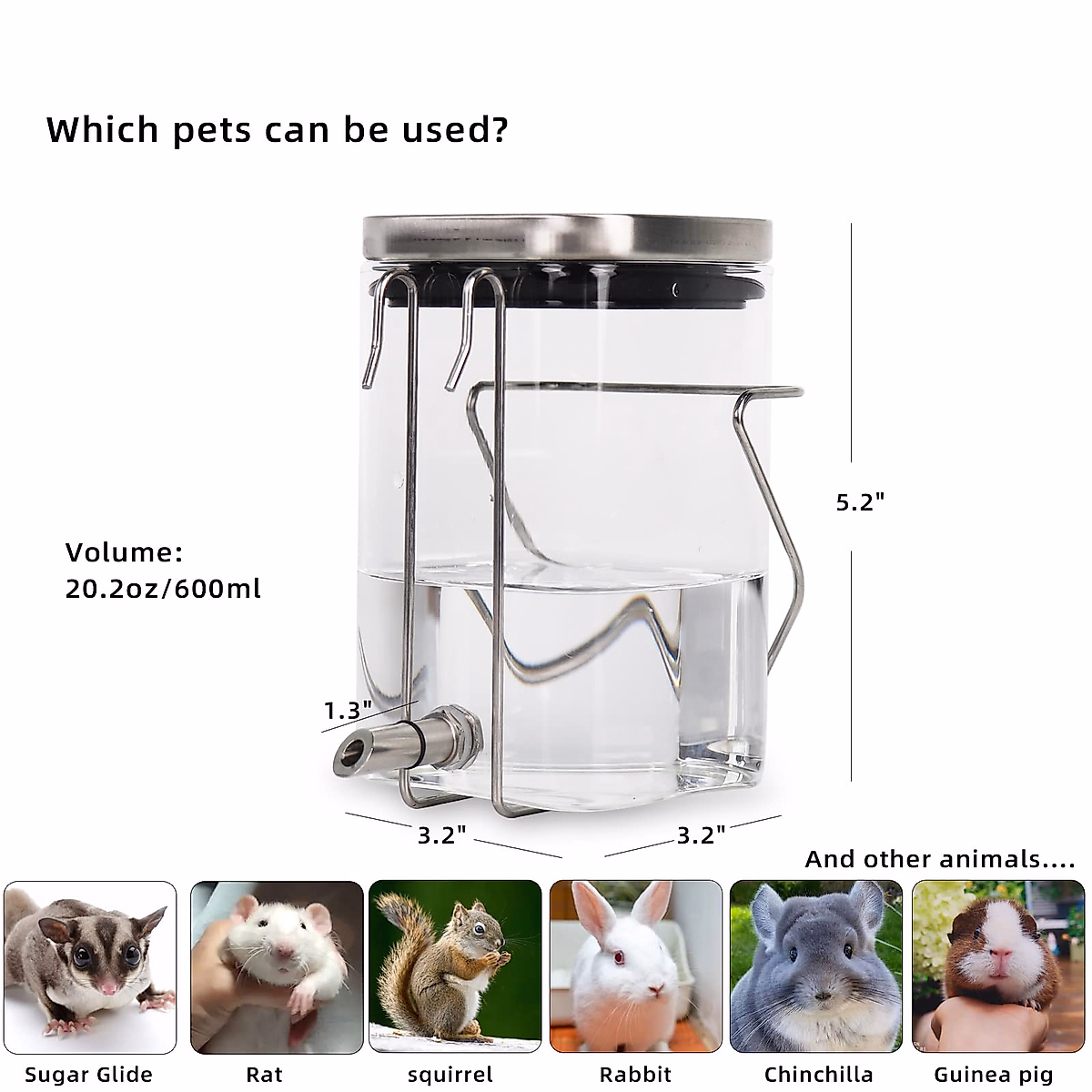 Hamster Water Bottle, Small Animal Glass Waterer, Stainless Steel Nozzle No-Drip Drinker Waterer for Sugar Glider, Rat and Birds (10.1oz)