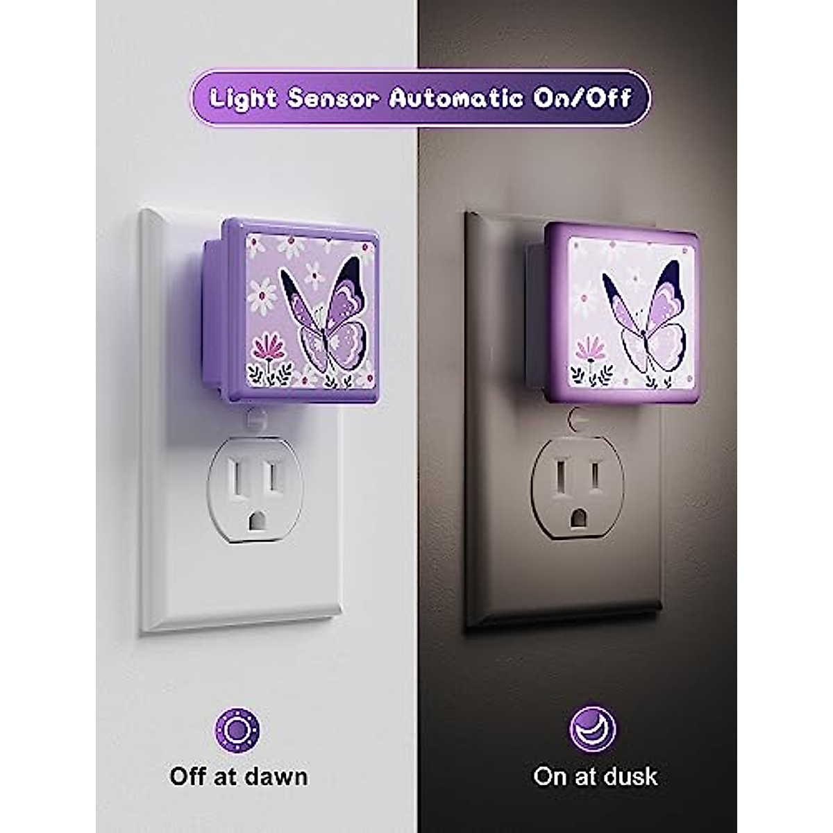 LOHAS Butterfly Night Light for Kids [2-Pack], Girls LED Wall Decor, Plug into Wall Lights, Dusk-to-Dawn Sensor, Cute Nursery Plug in Nightlight, for Kids Room, Bathroom, Bedroom Décor, Children Gift