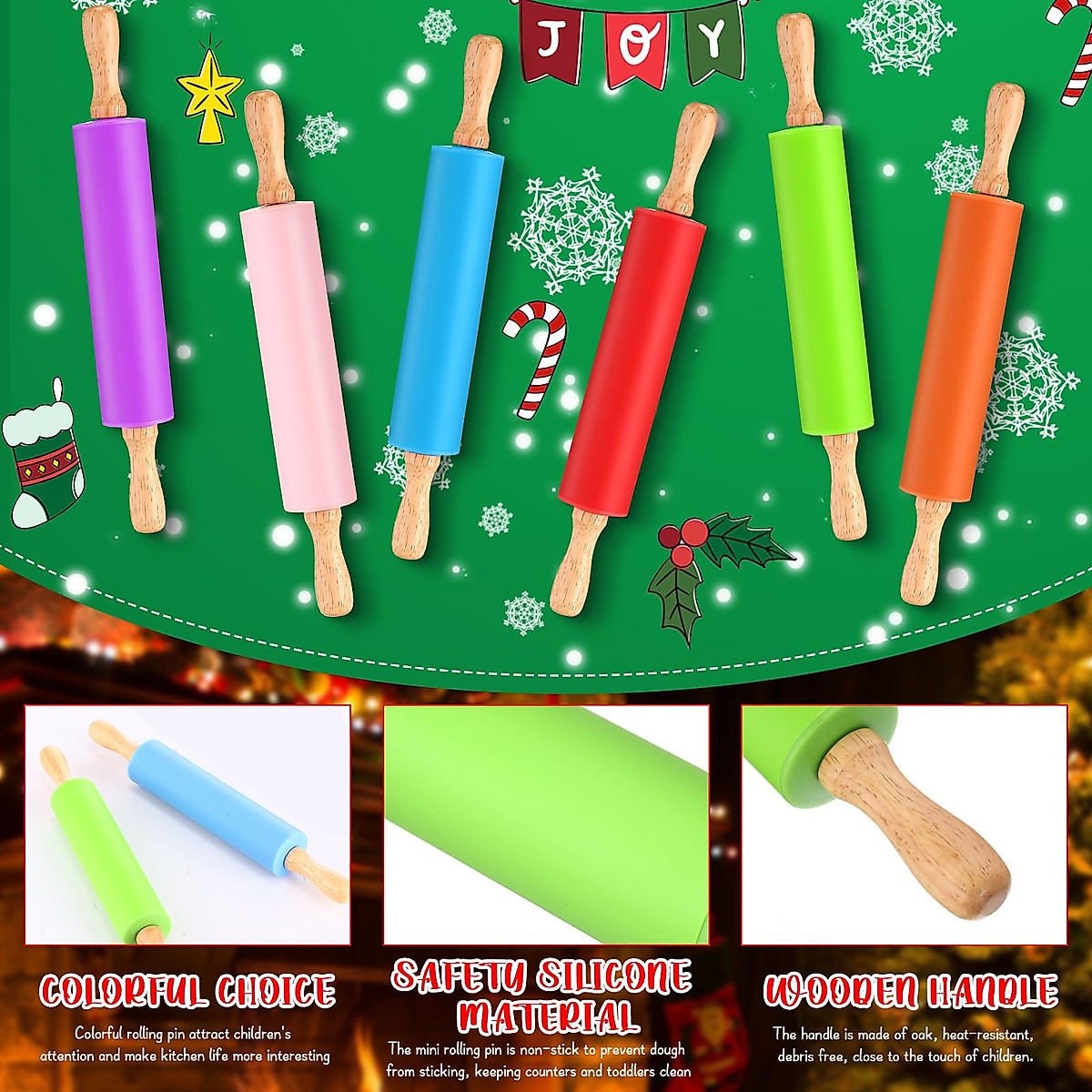 Dandat 6 Pcs Small Rolling Pin Kids 12 Inch Mini Silicone Rolling Pin for Baking Non Stick Kids Dough Roller with Wooden Handle for Kitchen Cookie Pastry Fondant Cake 6 Colors