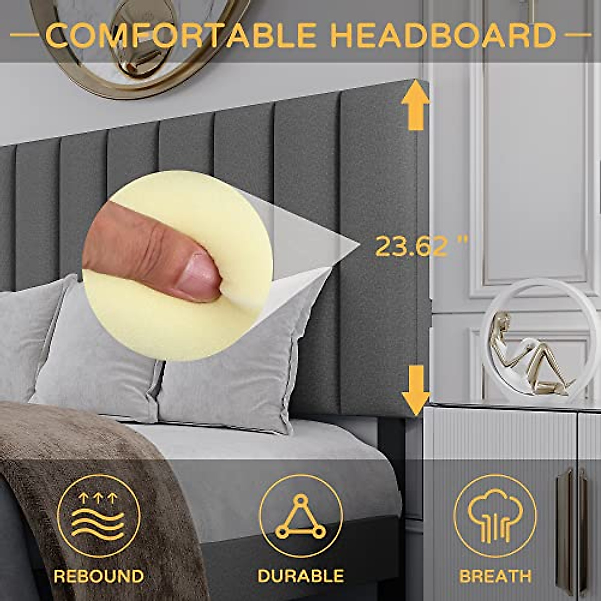 SWISH WEAVERS Queen Size Platform Bed Frame with Headboard, Upholstered Bedframe with Wingback / 12 Solid Wooden Slats/No Box Spring Needed/Noise-Free/Easy Assembly, Light Gray