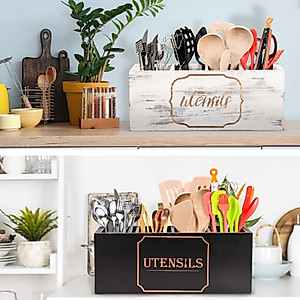 Yumkfoi 2 Pack Extra Large Utensil Holder with 4 Compartments, Wooden Farmhouse Utensil Organizer for Kitchen Counter Rustic Cooking Utensil Crock Countertop Utensil Caddy Spatula Holder (White&Black)